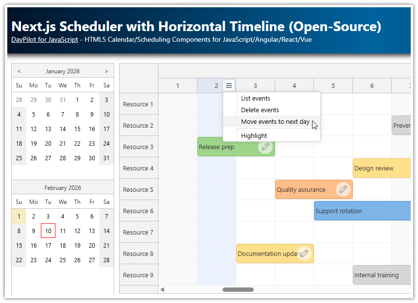 React Scheduler with Horizontal Timeline (Open-Source) | DayPilot Code